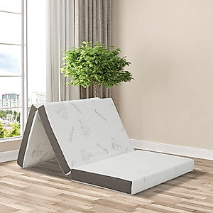 GOFLAME Memory Foam Tri-Fold Mattress, 4” Foldable Floor Mattress with Storage Bag & Removable Cover, Cool Gel Memory Mattress with Bamboo Fabric for Guest Room, Living Room, RV, Camp (Twin XL)
