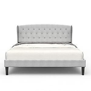 BONSOIR Queen Size Bed Frame Upholstered Traditional Low Profile Platform with Tufted Wing Back Headboard/No Box Spring Needed/No Bed Skirt Needed/Linen Fabric Upholstery/Light Grey (Queen Size)