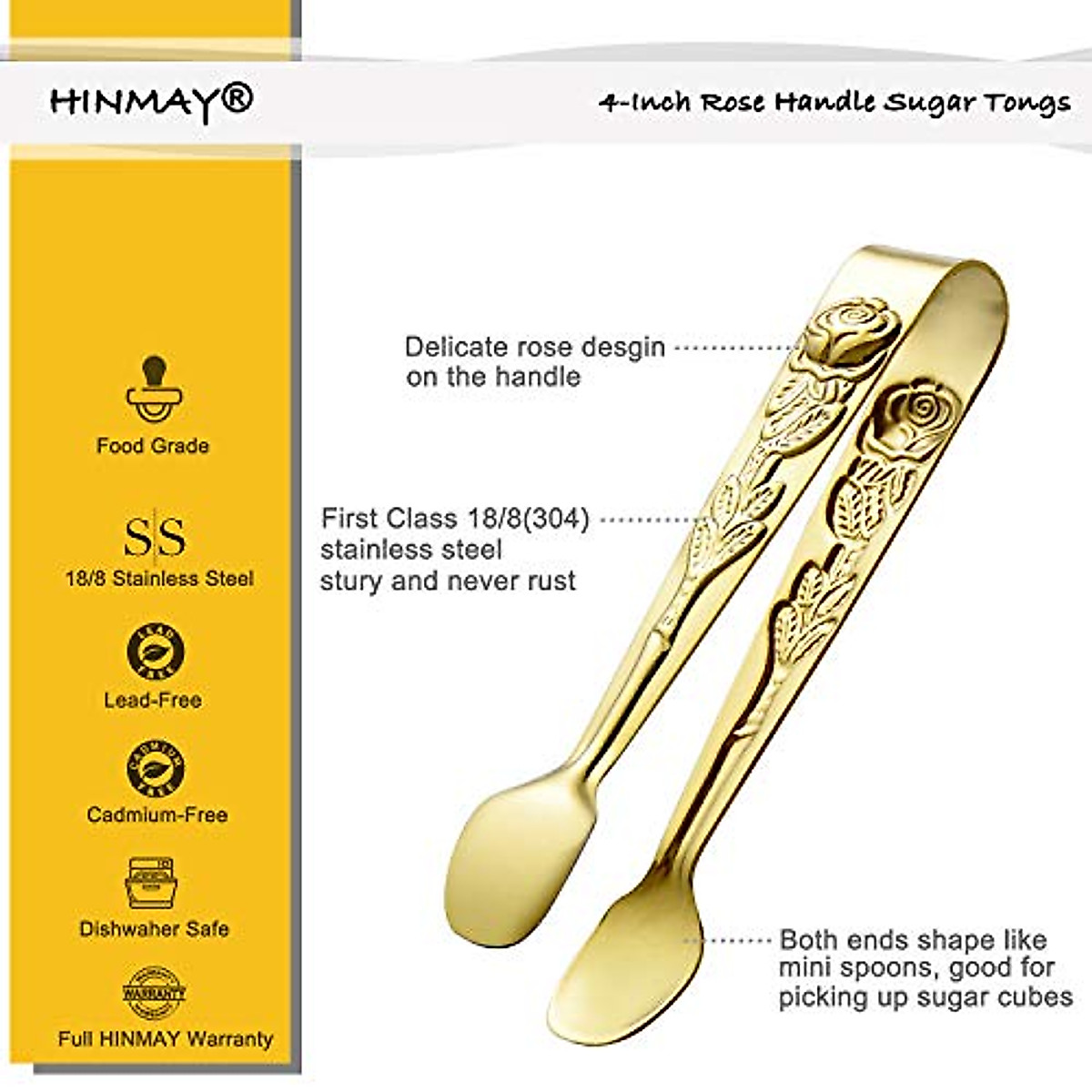 HINMAY 6PCS Mini Serving Tongs 4 Inches Small Rose Sugar Cube Tongs (Gold)