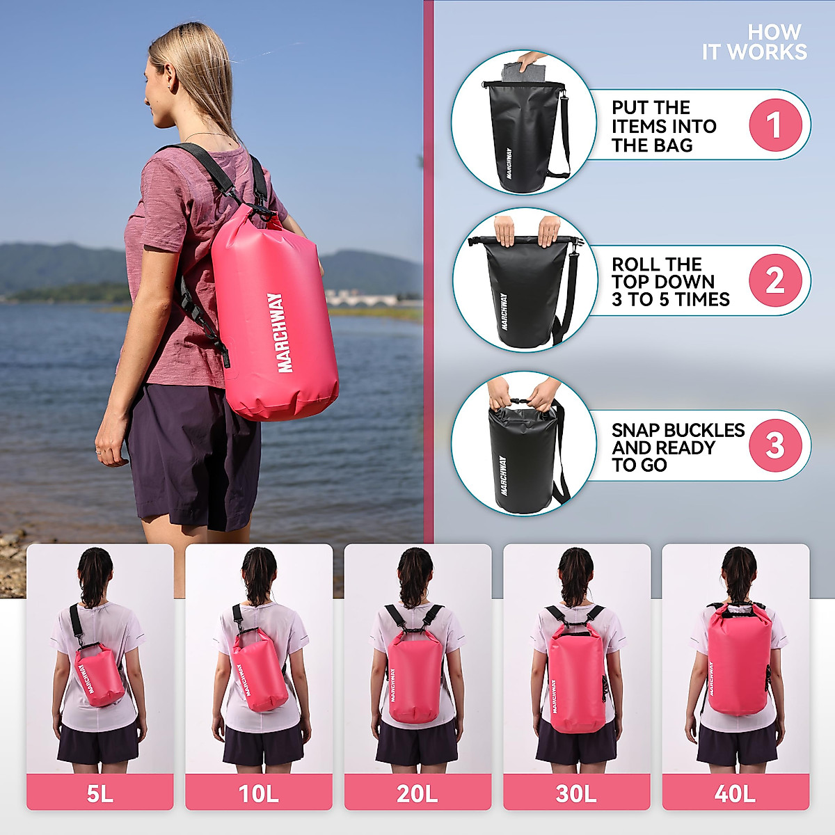 MARCHWAY Floating Waterproof Dry Bag Backpack 5L/10L/20L/30L/40L, Roll Top Sack Keeps Gear Dry for Kayaking, Rafting, Boating, Swimming, Camping, Hiking, Beach, Fishing (Pink, 20L)