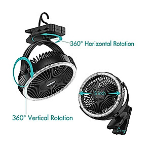 Modvany Clip On Fan Battery Operated Fan w/Hook 3 Speeds 5Inch LED Lights 360° Oscillating for Camping Bed Treadmi