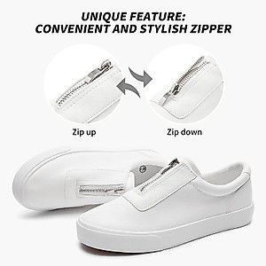 Adokoo Women's PU Leather White Shoes Slip on Sneakers Casual Walking Shoes Fashion Sneakers Slip on Tennis Shoes Zipper(S.White, US6)