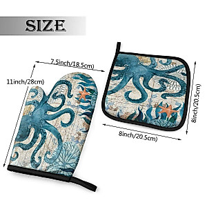 Abucaky Blue Octopus Nautical Map Oven Mitts and Pot Holders Insulated Gloves & Kitchen Counter Safe Mats for Cooking BBQ Baking Grilling (2-Piece Set)
