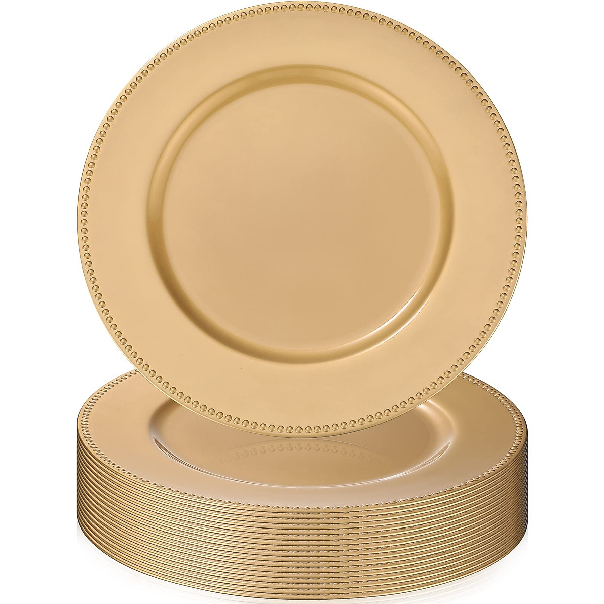 Zopeal 18 Pack Round Charger Plates Bulk 13 Inch Plastic Plate Chargers with Beaded Rim Disposable Dinner Charger Plates for Wedding Halloween Christmas Party Event Table Setting Decoration (Gold)