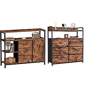 Furologee Rustic Wide Storage Cabinet with Shelf, 6 Drawer Dresser Fabric with Double Shelf for Bedroom, Living Room Entryway, Rustic Bins, Sturdy Metal Frame