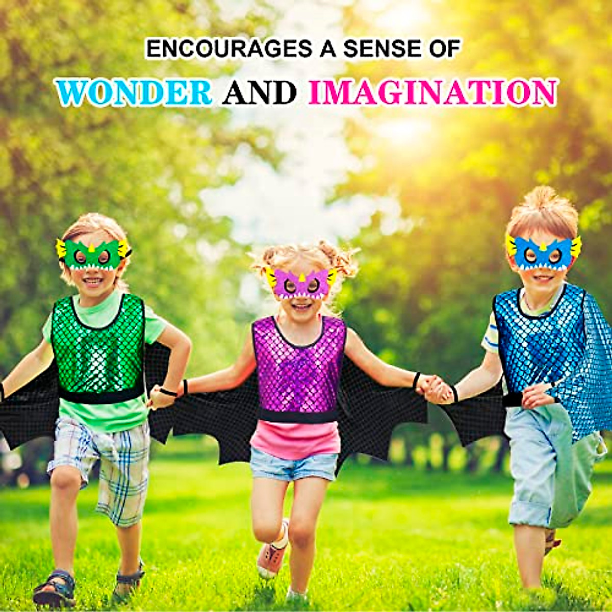 IROLEHOME Dragon-Wings Costume for Kids Mask Dinosaur Dress Up Cape for Boys Girls Halloween-Party Gifts Toys (metallic blue) (metallic green)