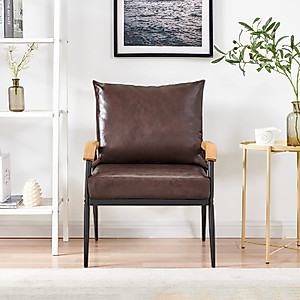 CLIPOP Mid Century Modern Accent Chair, Single Sofa with Removable Backrest and Cushion, Upholstered Faux Leather Armchair with Solid Wood Armrest Metal Frame Easy-Assembly, 24" W, Dark Brwon