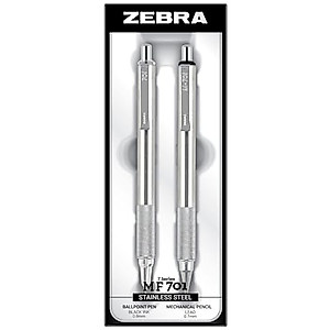 Zebra Pen M/F 701 Stainless Steel Mechanical Pencil and Ballpoint Pen Set, Fine Point, 0.7mm HB Lead and 0.8mm Black Ink, 2-Count Gift Set, Silver (10519)