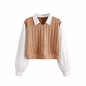 SweatyRocks Women's Collar Long Sleeve Shirt Ribbed Knit 2 in 1 Blouse Crop Top Sweater Shirt Top Cemel L