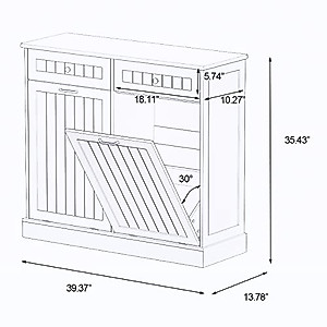 RASOO Double Tilt Out Trash Can Cabinet Freestanding Wooden Kitchen Garbage Can with Solid Wood Tabletop and 2 Drawers