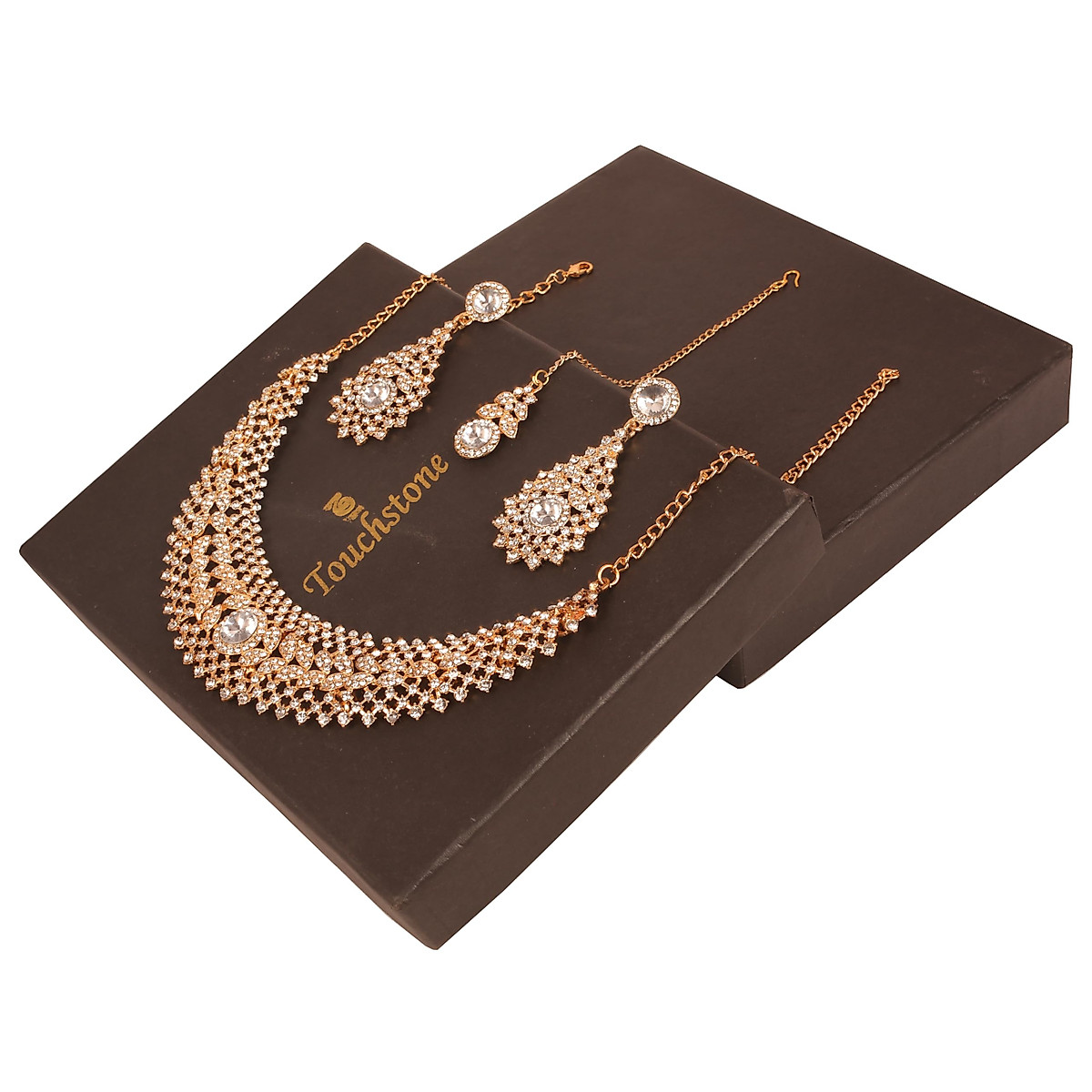 NEW! Touchstone Indian Bollywood Charming Workmanship Handcrafted Scintillating Faux Rhinestones Rivoli Shape Designer Jewelry Grand Bridal Hasli Necklace Set In Gold Tone For women.