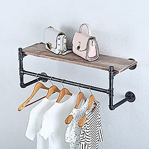 OLDRAINBOW Industrial Pipe Clothing Rack Wall Mounted with Real Wood Shelf,Pipe Shelving Floating Shelves Wall Shelf,36in Retail Clothes Racks Display Rack