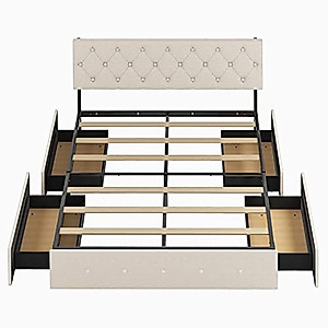 Mjkone California King Size Platform Bed Frame with 4 Storage Drawers, Bed Frame with Adjustable Headboard, Button Tufted Design, Wood Slat Support, No Box Spring Needed/Easy Assembly, Beige, (21022)