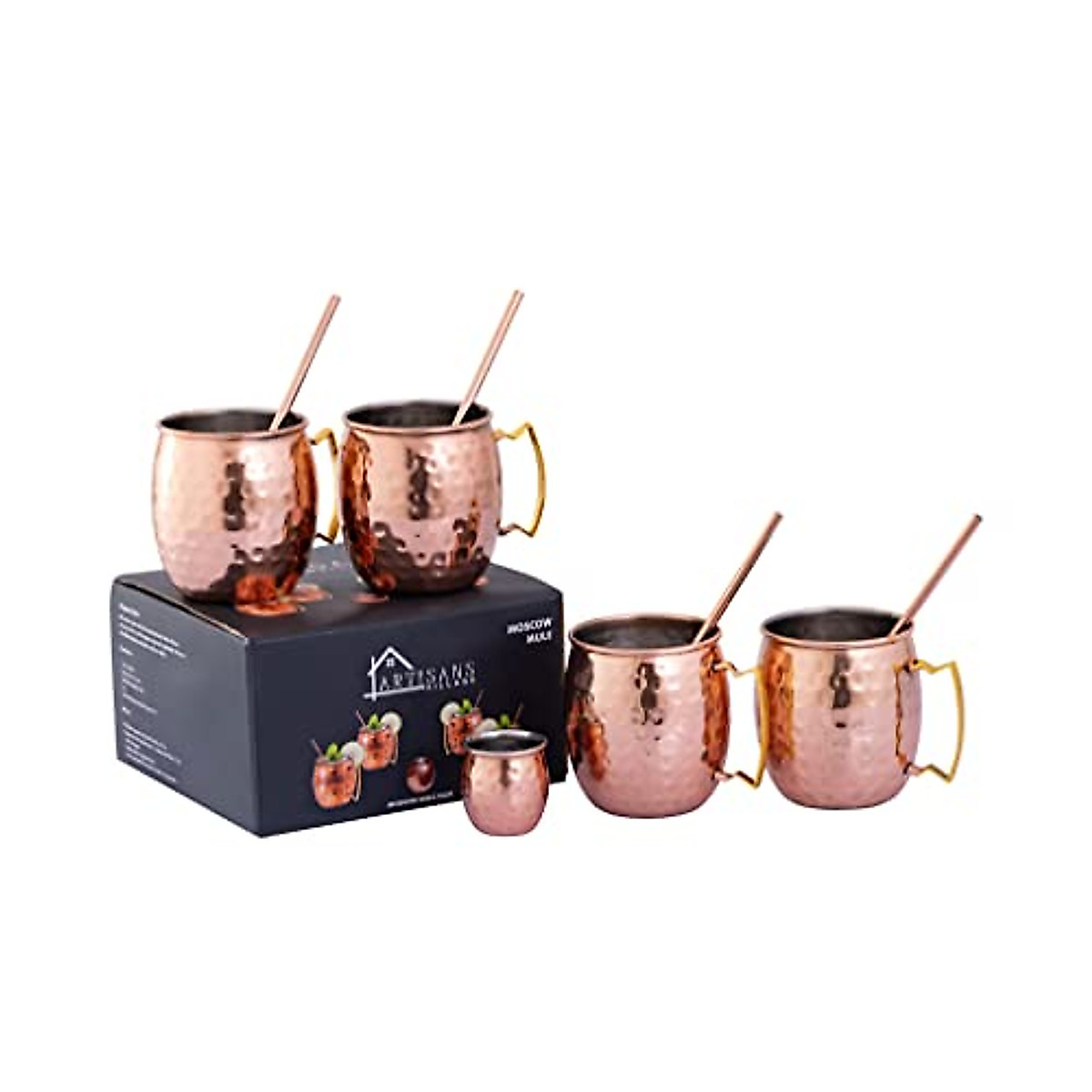 ARTISANS VILLAGE Moscow Mule Mugs | Set of 4 | 100% Pure Copper Solid Mugs | Gold Brass Handles | Size 16 oz | BONUS: Premium Straws and Shot Glass