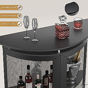 UPHYB Semi Cylindrical Home Bar Cabinet, High Top Bar Table with Metal Mesh Front, Wine Bar Cabinet with Goblet Holders and Footrest for Home
