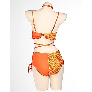 Miraculous Women's Rena Rouge Beach Halter Straps Top with Side-Closure Bottom Bikini Set Swimsuit Bathing Suit (as1, Alpha, l, Regular, Regular, Orange)