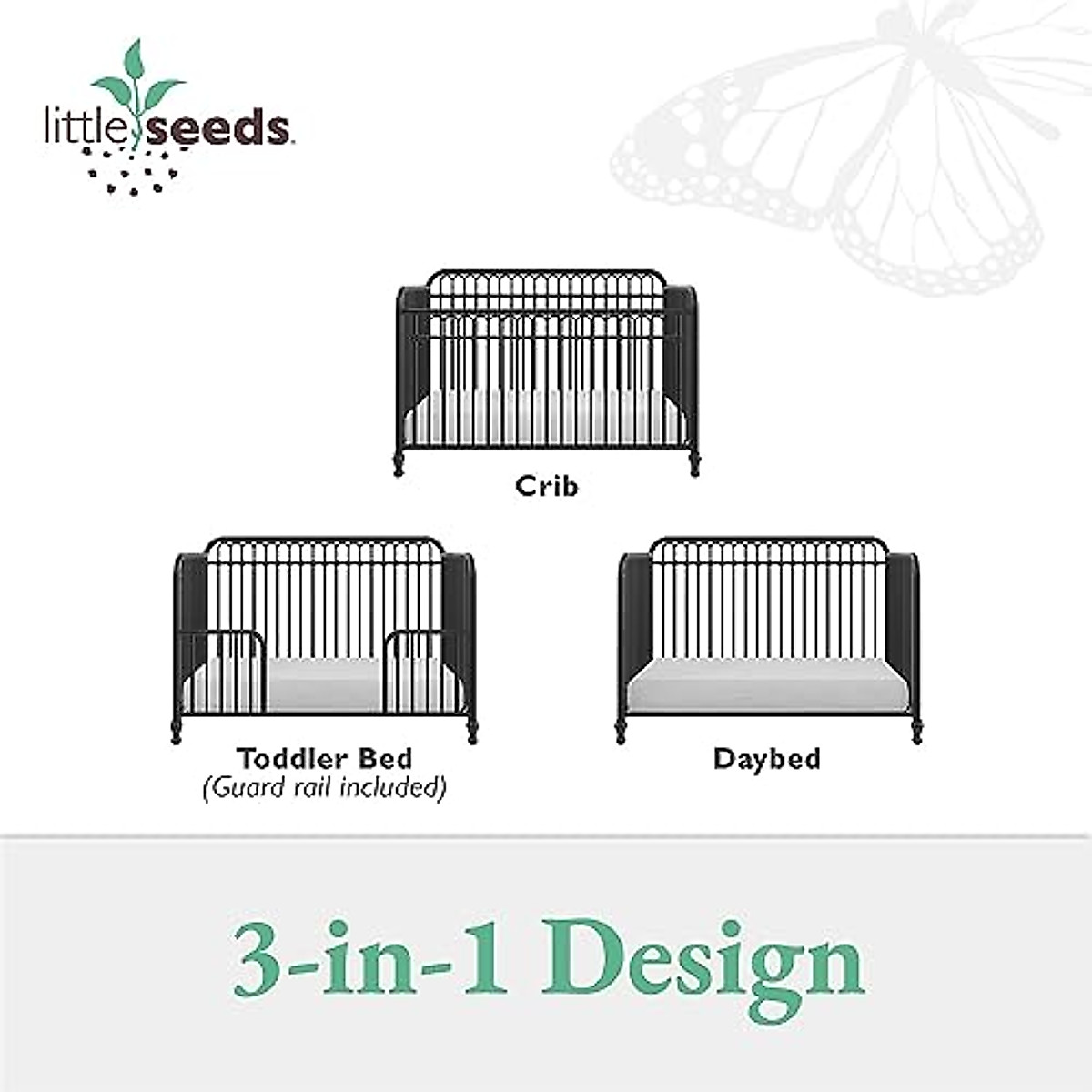 Little Seeds Raven 3-in-1 Convertible Metal Crib, JMPA Certified, Black