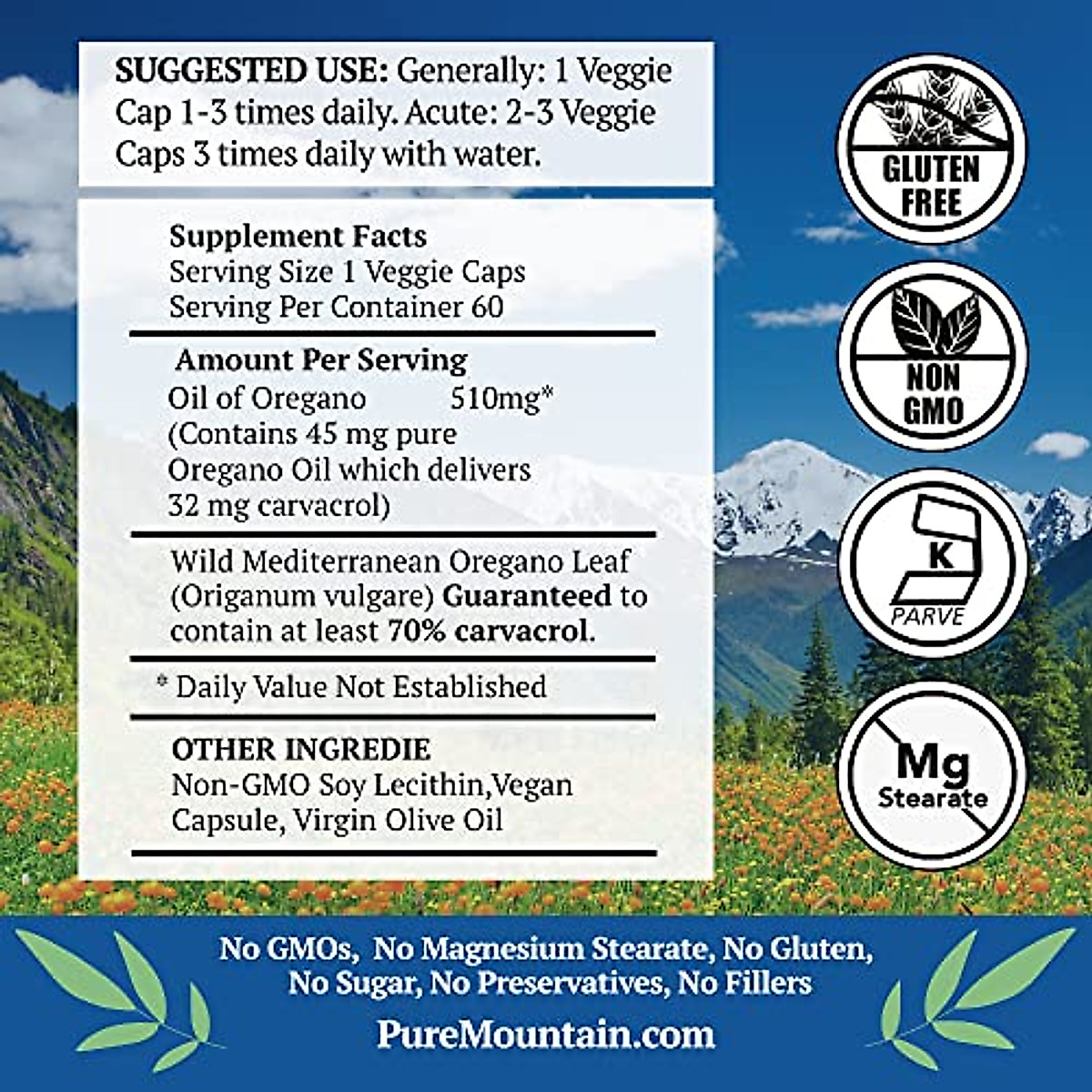 Pure Mountain Botanicals Wild Oregano Oil Capsules - 60 Vegan Caps – Now with 510mg Mediterranean Oil of Oregano