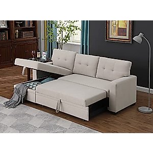 Devion Furniture L-Shape Linen Sleeper Sectional Sofa for Living Room, Home Furniture, Apartment, Dorm Sofabed, Beige