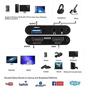 Wiistar USB Video Capture Card 1080P60FPS HDMI to USB 3.0 Audio Video Capture Device with 3.5mm Audio Out and MIC Support HDMI Loopout Game Recorder for PS4 Live Streaming