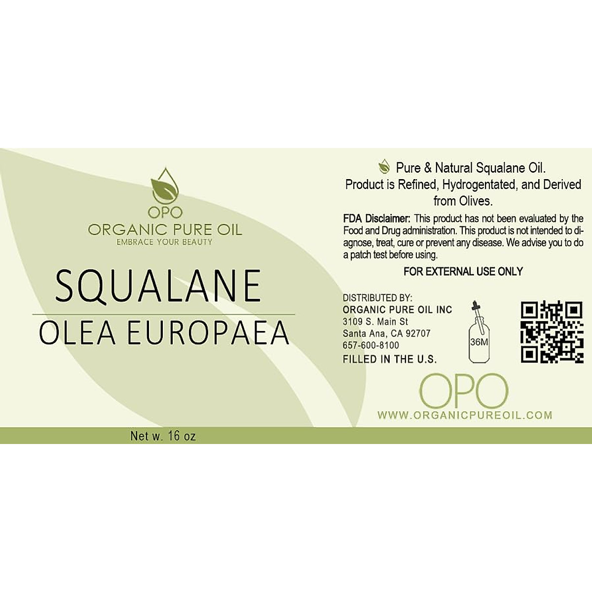 Squalane Oil - Pure, Natural, Plant-Derived, Non GMO, Refined - 16 oz - Squalene Alternative, from Olive - Ultra Hydrating & Moisturizing Carrier Oil - Hexane Free, Cold Pressed - OPO