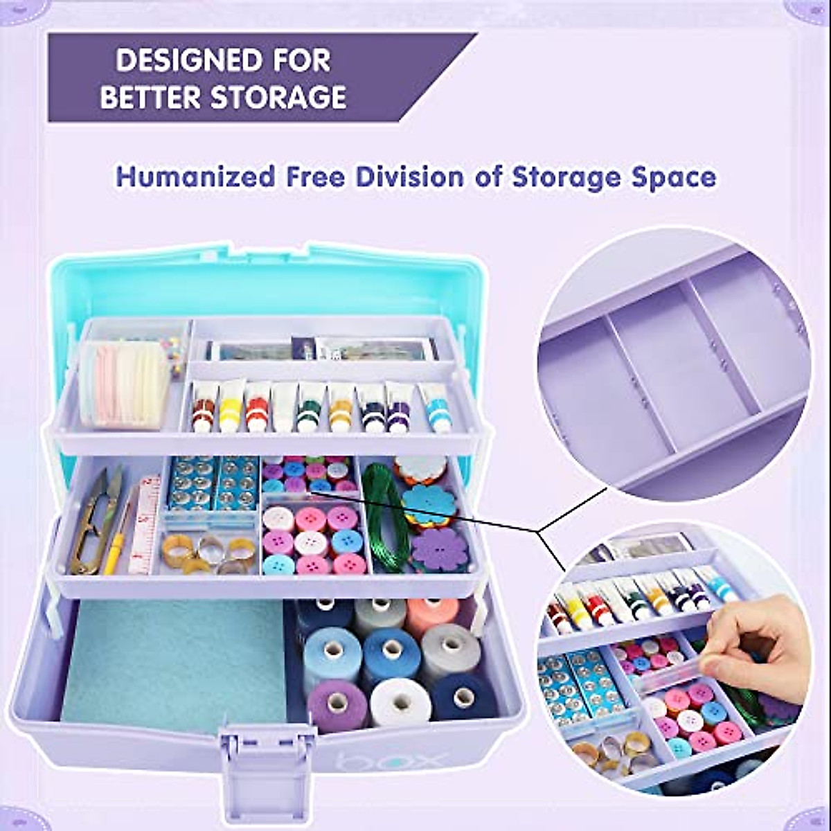 TERGOO 12in Three-Layer Multipurpose Storage Box Organizer Folding Tool Box/Art & Crafts Case/Sewing Supplies Organizer/Medicine Box/Family First Aid Box with 2 Trays (Purple Blue)