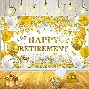 Gold and White Retirement Party Decorations for Men Women Extra Large White Gold Happy Retirement Banner Photo Booth Backdrop Background for Retirement Farewell Party Supplies