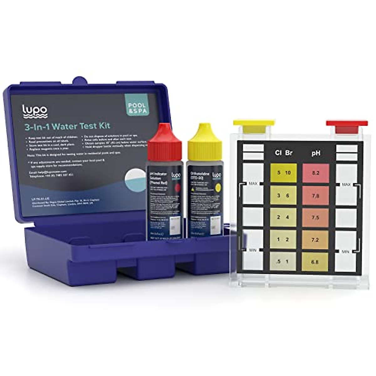 Lupo 3-in-1 Water Test Kit for Swimming Pools & Spas | Water Chemical Test Kit for pH, Total Chlorine and Total Bromine