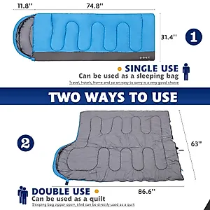 Arctic Lemmings Sleeping Bag for Adults & Kids,Waterproof Lightweight Backpacking Sleeping Bags, Envelope Hooded 3 Season for Camping Hiking Outdoor Travel (Blue)