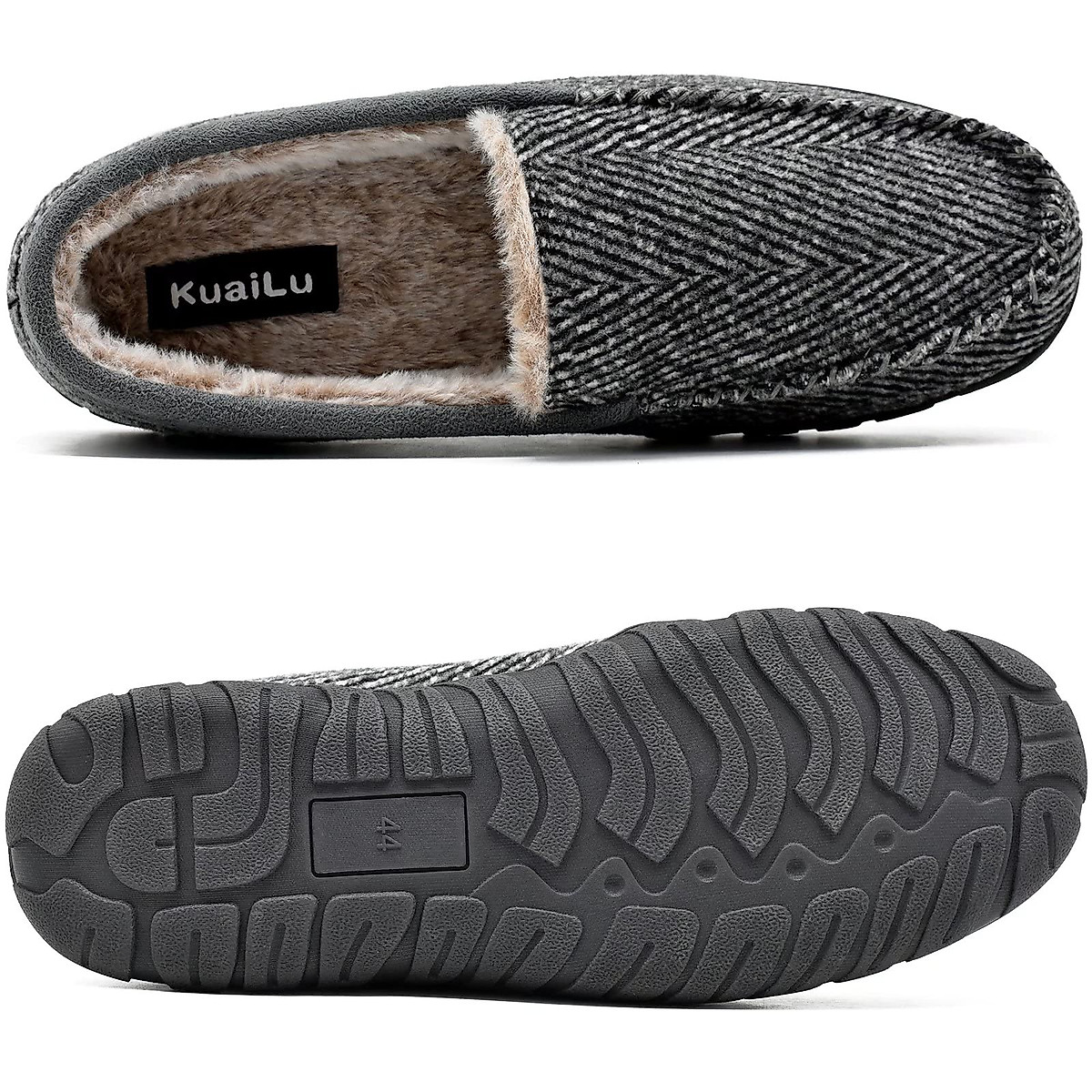 KuaiLu Mens Slippers Cozy Memory Foam Moccasin Slippers Fuzzy Warm House Shoes with Indoor Outdoor Rubber Sole Grey Size 9…