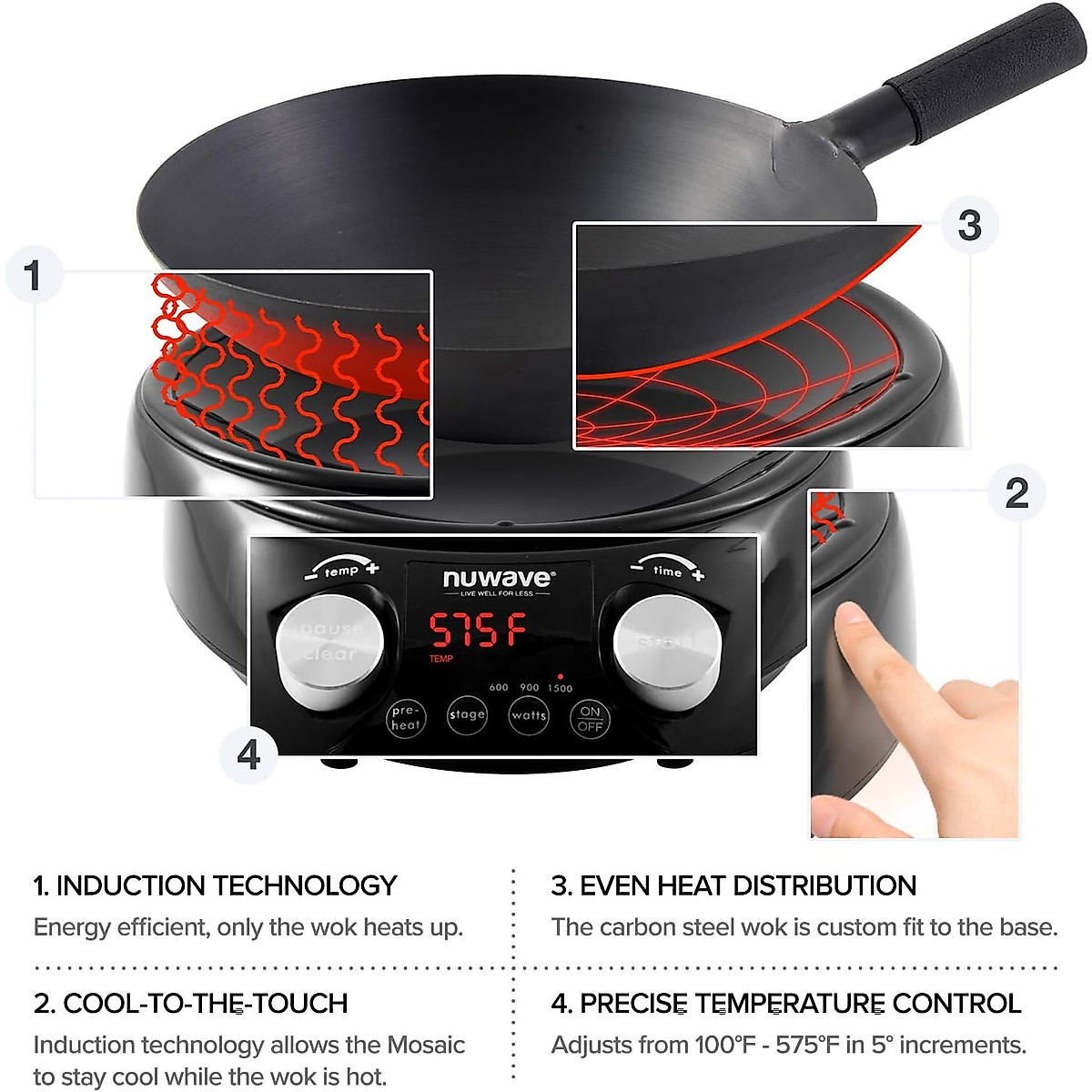Nuwave Induction Wok, 3 Wattages 600, 900 & 1500, Precise Temp Controls from 100°F to 575°F in 5°F, Infuse Complex Charred Aroma & Flavor, Authentic 14-inch Carbon Steel Wok Included, Wok Hei