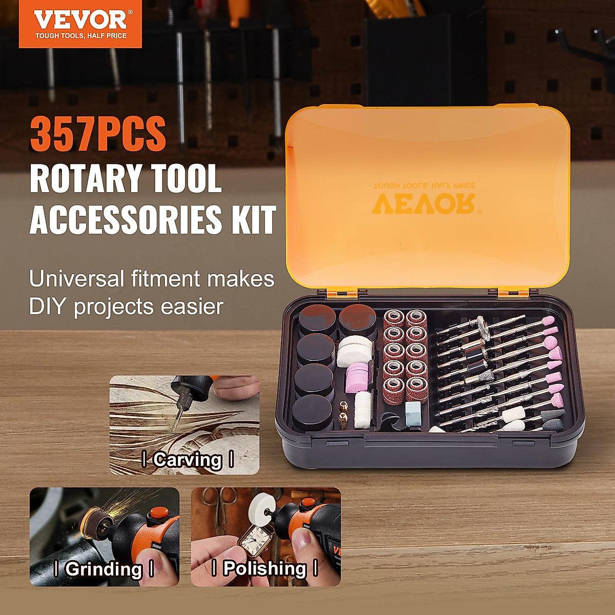 VEVOR Rotary Tool Accessory Kit, 357PCS Accessories Kit, 1/8" Diameter Shank, Universal Fitment Power Rotary Tool Accessories Set for Grinding, Carving, Sanding, Cutting, Drilling