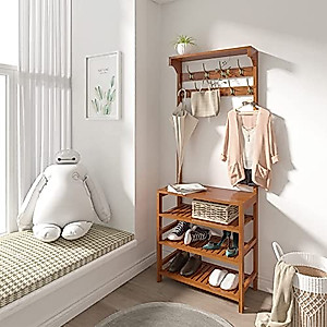 AKTOP Entryway Coat Rack Shoe Storage - 4 in 1 Hall Tree Storage Shelf, 4-Tier Bamboo Shoe Rack with 9 Double Hooks and Top Shelf Organizer, Perfect for Mudroom, Hallway and Bedroom, Easy Assembly