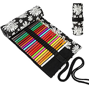 Enyuwlcm Canvas Stationery Handmade Foldable Rollup Pencil Case Travel Pencil Bag Wrap Coloring Pencil Holder Organizer 24 Slots Snowflake