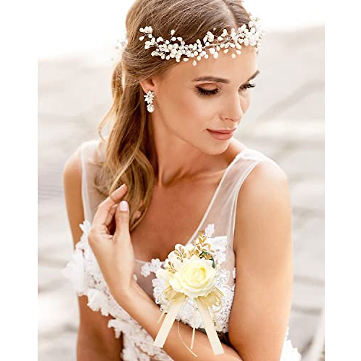 Ndeno Ivory Rose Wrist Corsage and Boutonniere Set Artificial Men Wristlet Band Bracelet for White Wedding Flowers Ceremony Accessories Prom Suit Decorations（6pcs Boutonnieres,Champagne）