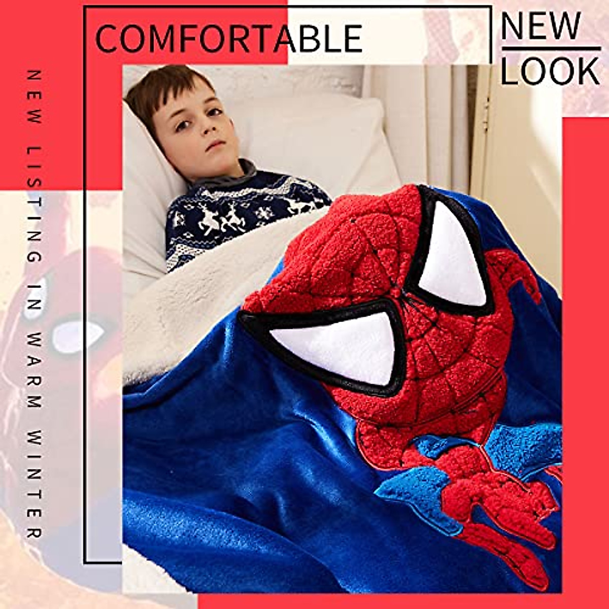COSUSKET Marvel Kids Spiderman Throw Blanket, Signed Jointly 3D Cartoon Embroidery Sherpa Blanket Boys Gifts