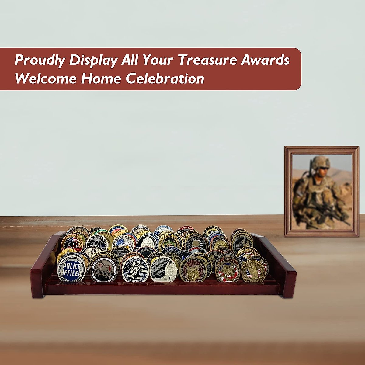 ASmileIndeep 8 Rows Military Challenge Coin Display Stand - Holds 60-70 Coins, Solid Wood Army Police Coin Rack Display Holder for Desktop, Mahogany