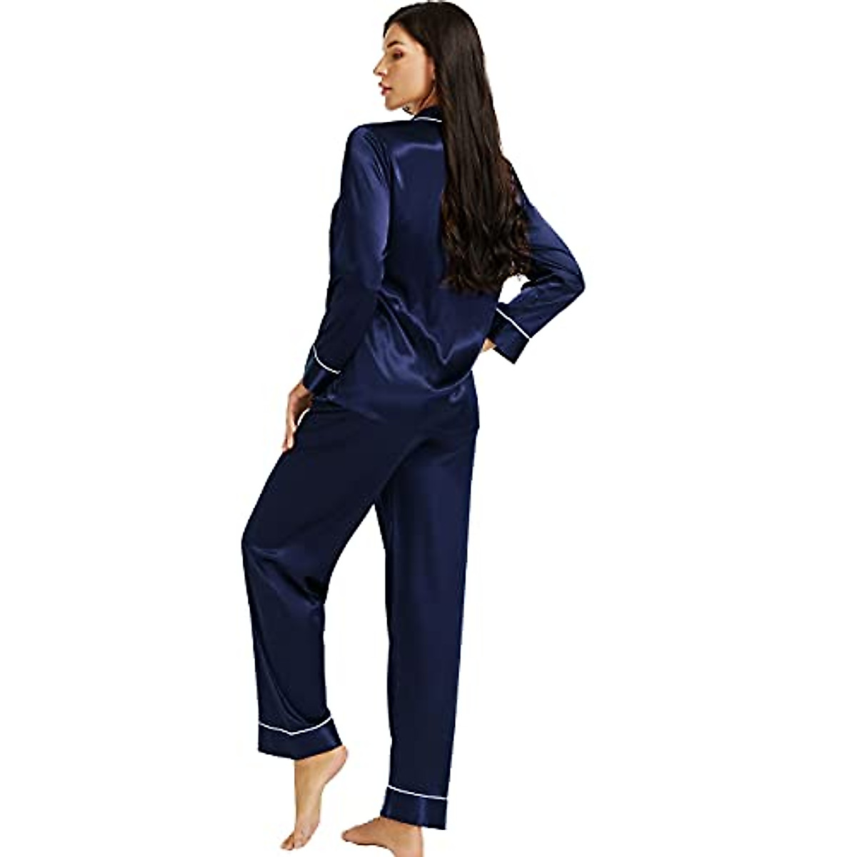 Womens Silk Satin Pajamas Set Sleepwear Loungewear Navyblue L