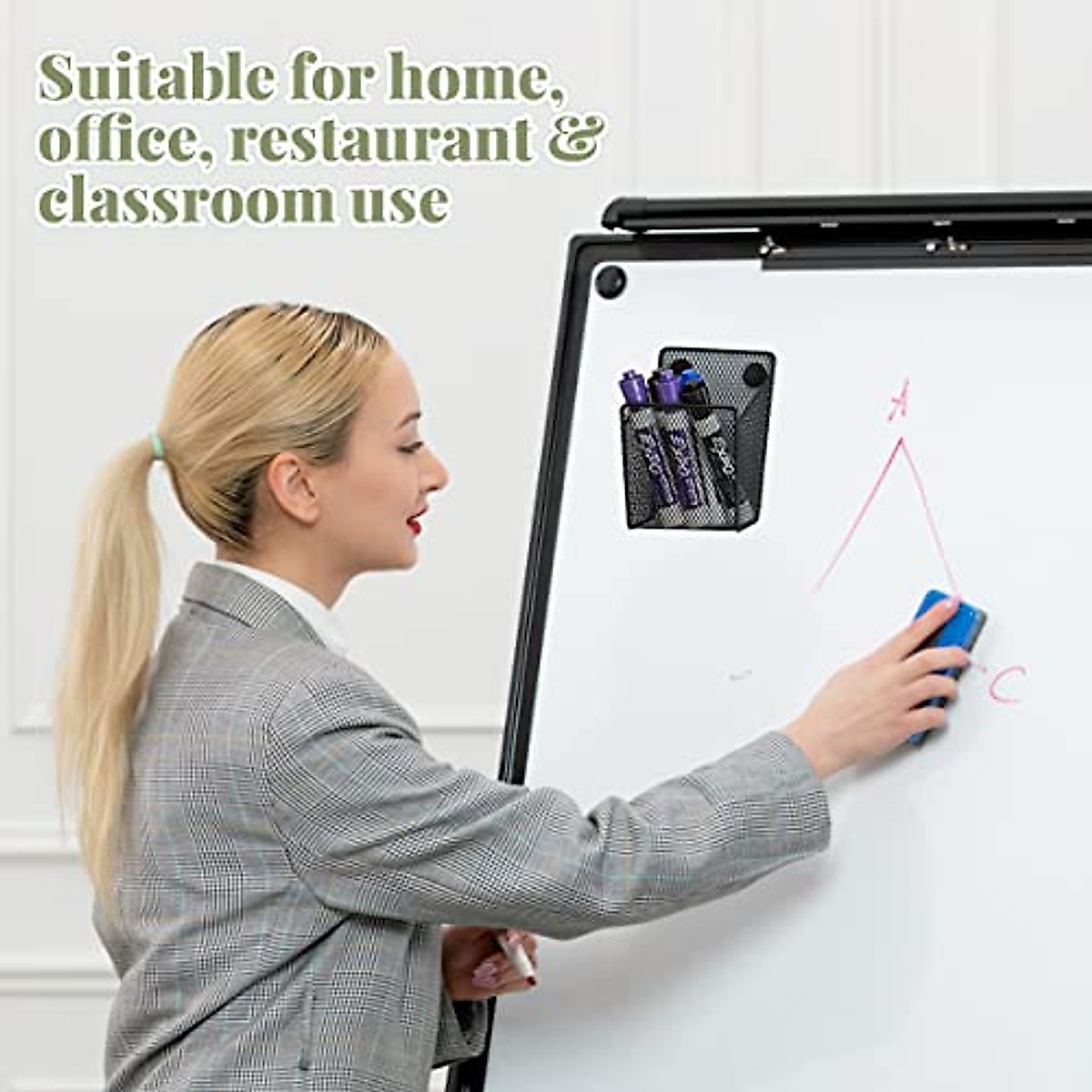 2 Pack of Magnetic Metal Mesh Pen Holder, Black Stainless Steel Pencil Holder with Magnets, Basket Storage Organizer for Whiteboard, Blackboard, Kitchen, Locker, Home, or Office