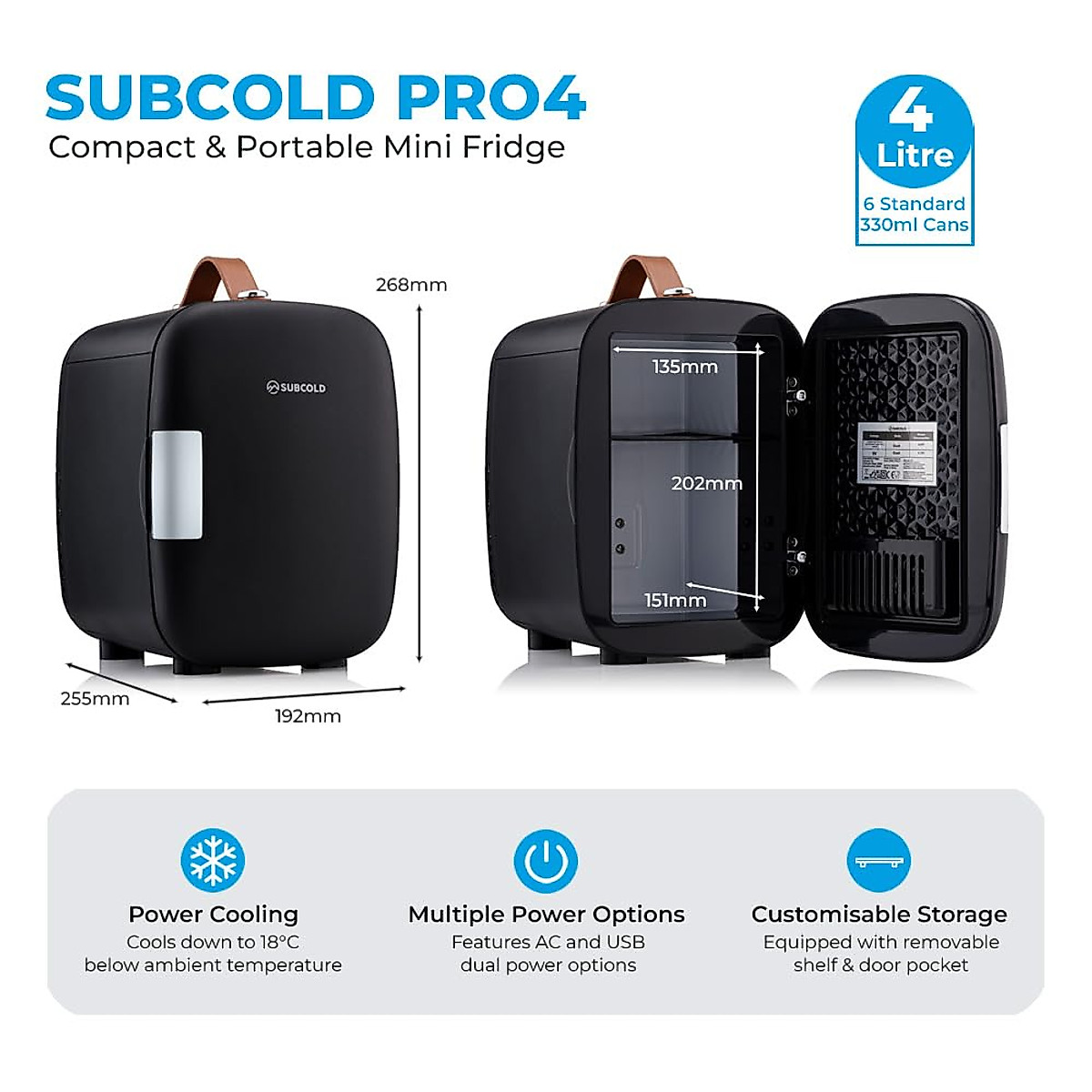 Subcold Pro4 Luxury Mini Fridge Cooler 4 Litre / 6 Cans AC & Exclusive USB ECO Power Option | Portable Small Refrigerator For The Office, Bedroom, Car, Travel, Skincare & Cosmetic (Black)
