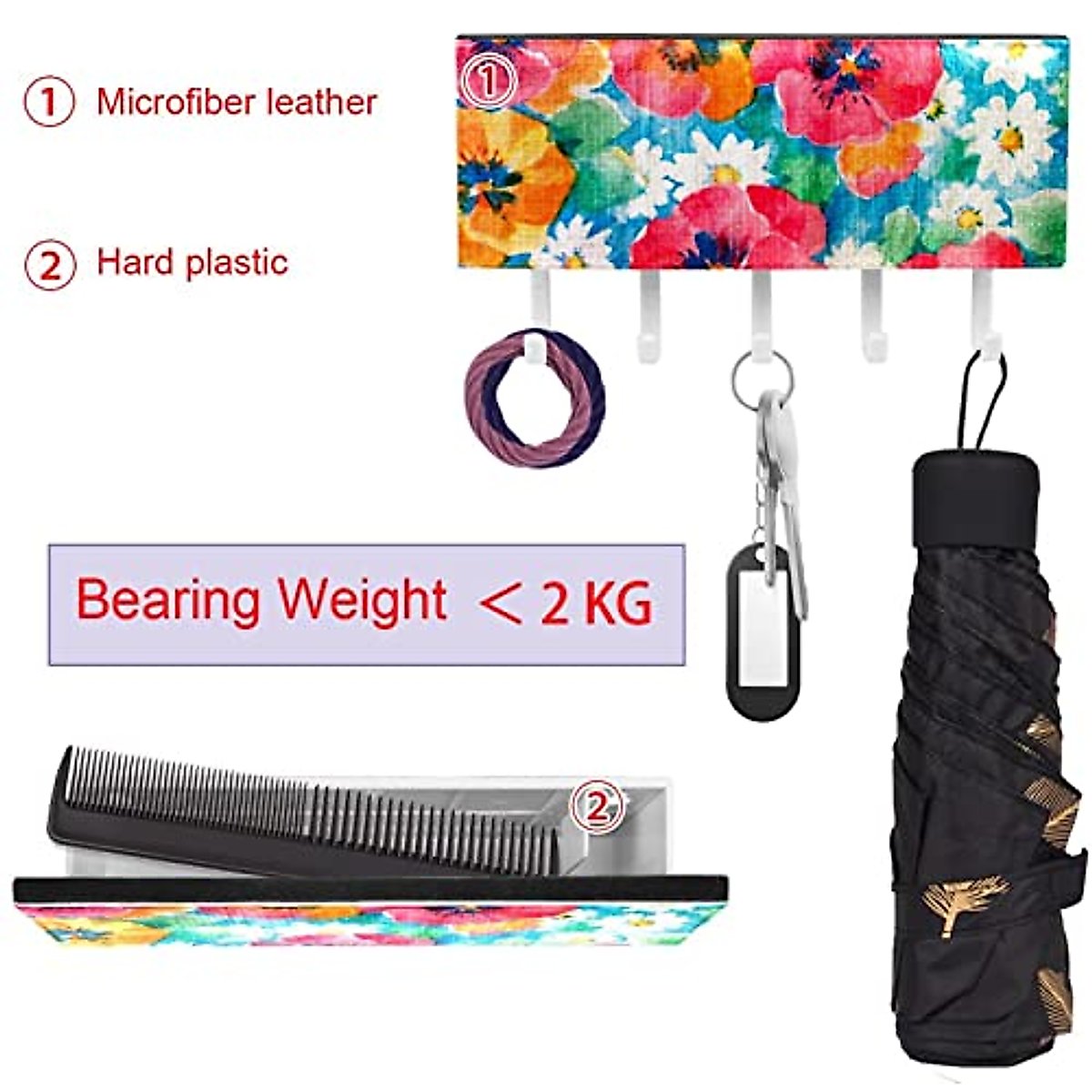 Hand Drawn Retro Colorful Flowers Background Mail Holder Organizer and Key Hooks PU Front, Self Adhesive Key Rack with 5 Hooks Perfect for Entryway, Hallway，Bathroom ，Kitchen
