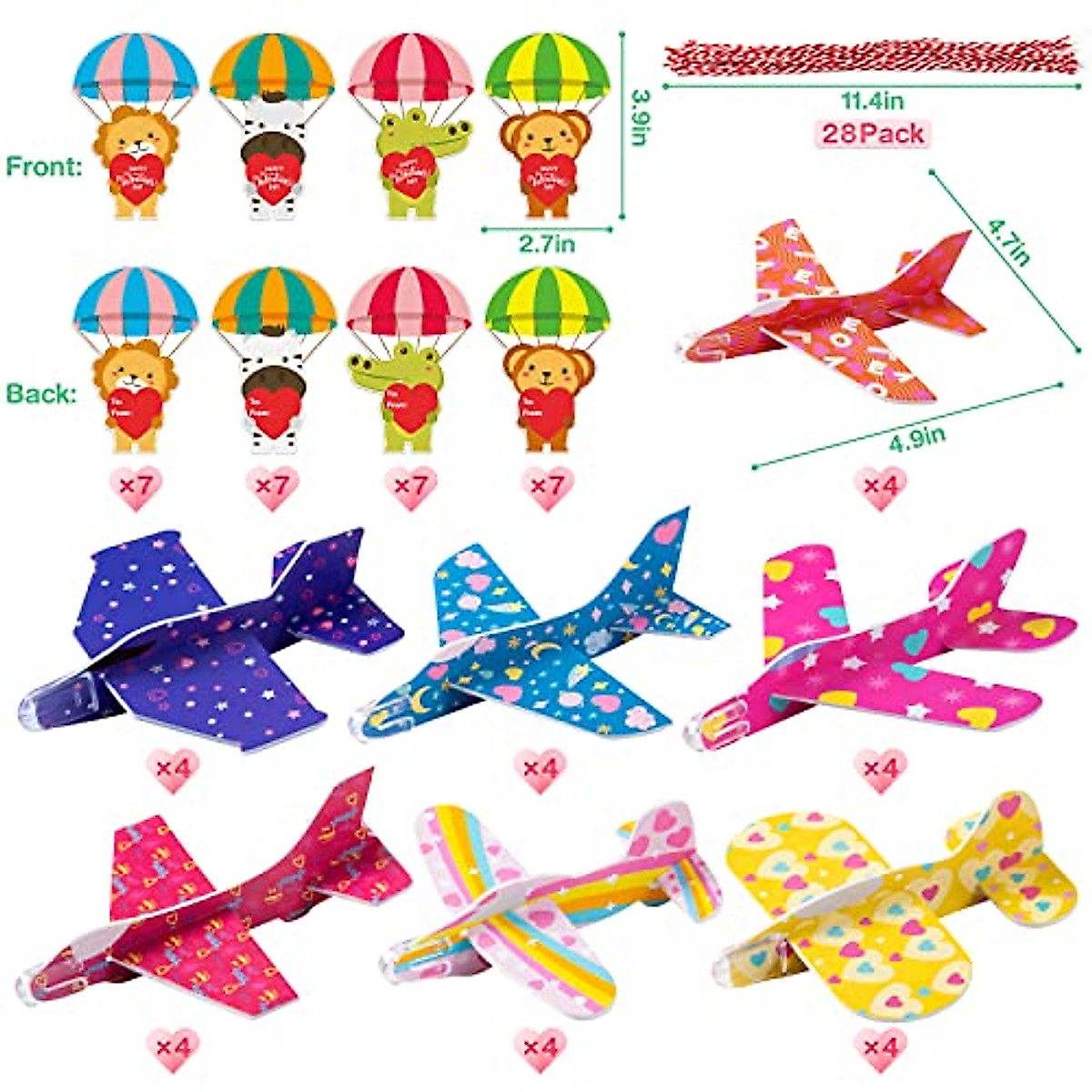 Valentine’s Day Card for kids, 28 Pack Foam Airplanes Set with Valentines Greeting Cards for Boys Girls, Valentine Treat Bags Stocking Stuffers Classroom Prize Party Favors Toy Exchange Gifts