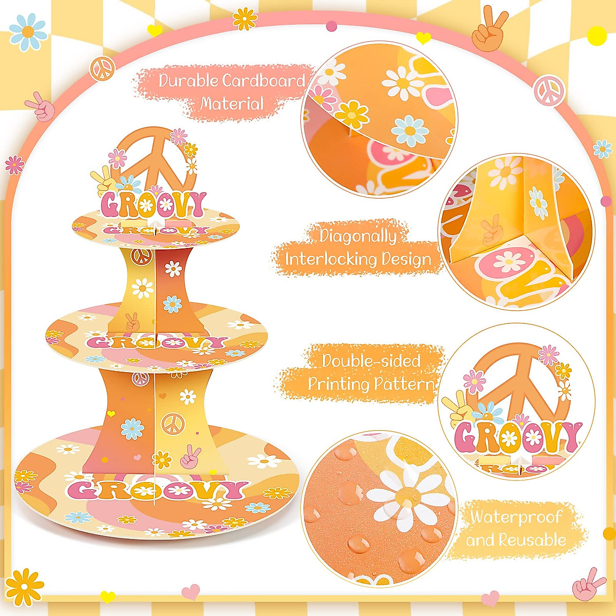 Nuenen 3 Tier Groovy Hippie Cupcake Stand Party Decorations Retro Hippie Boho Cupcake Holder Daisy Flower Groovy Rainbow Dessert Tower for Teens Adults Groovy Hippie Theme Birthday Party (Groovy)
