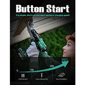 KIMO Hammer Drill - 20V 2X Battery Hammer Drill Cordless Drill Set, 350 In-lb Torque, 3/8" Keyless Chuck, 1350 RPM, 21+3 Position,14pcs Drill/Driver Bits, Power Drill Drivers for Concrete Brick Wall