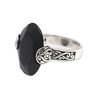 NOVICA Artisan Handmade Onyx Cocktail Ring Oval Sterling Silver from Bali Red Single Stone Indonesia Birthstone [crownbezel 0.8 in H x 0.7 in W x 0.2 in D Band Width 5 mm W] ' Mysterious Oval'