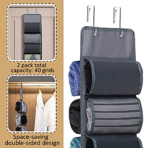 2 Pcs Clothes Closets Roll Holder- Hanging Closet System Closet Space Saver Clothes Organizer with 20 Roll Independent Compartments for T-Shirts Leggings Underwear Bras Socks (Gray, Double Sided)