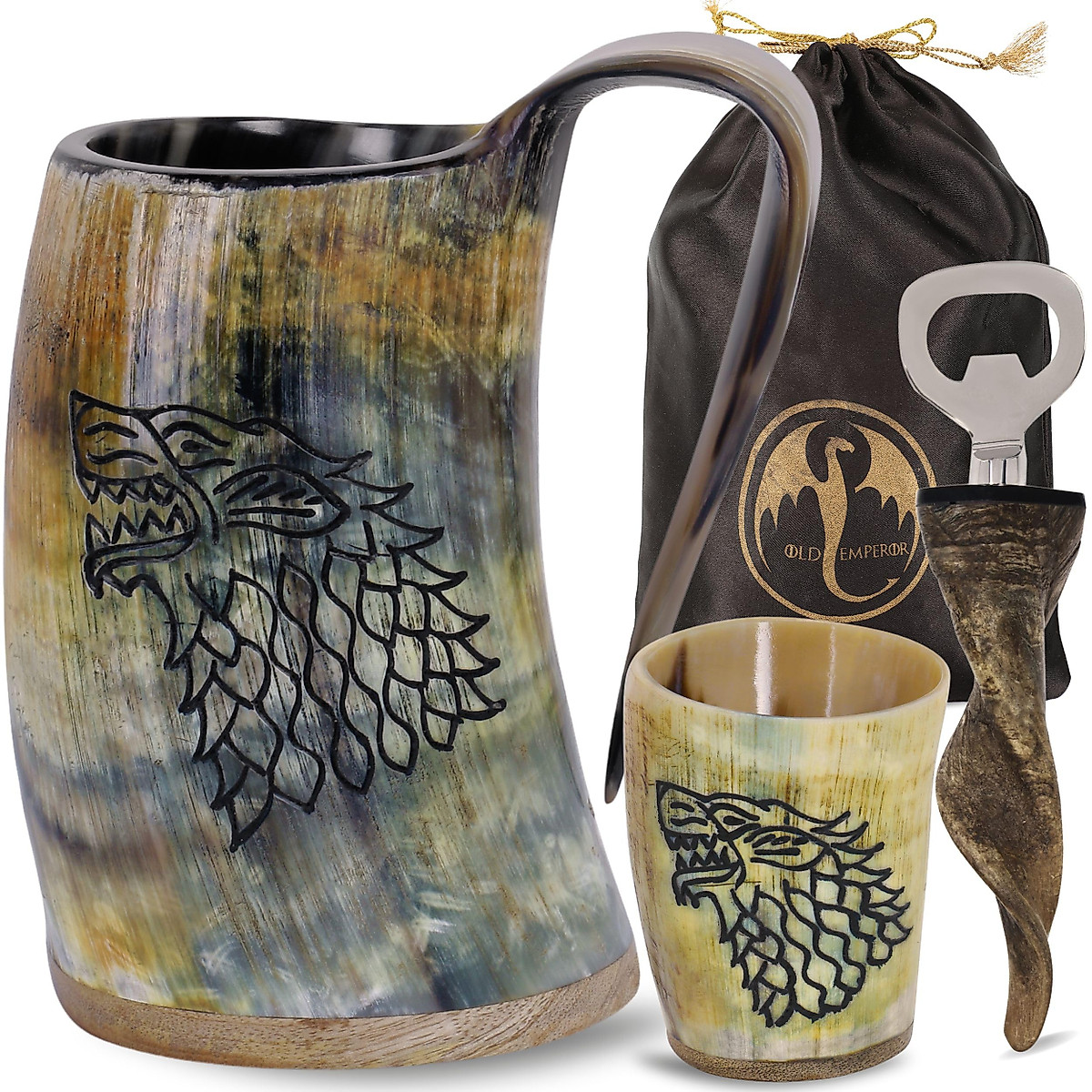 OLDEMPEROR Viking Drinking Horn Mug, 15-20oz| Shot Glass and Bottle Opener| Unique Handmade Viking Spacial Gifts for Men and Women - Food Grade Medieval Style (Fenrir)