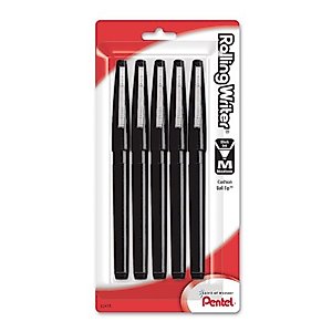 Pentel Rolling Writer Roller Ball Pen, Medium Line, Black Ink, Pack of 5 (R100BP5A)