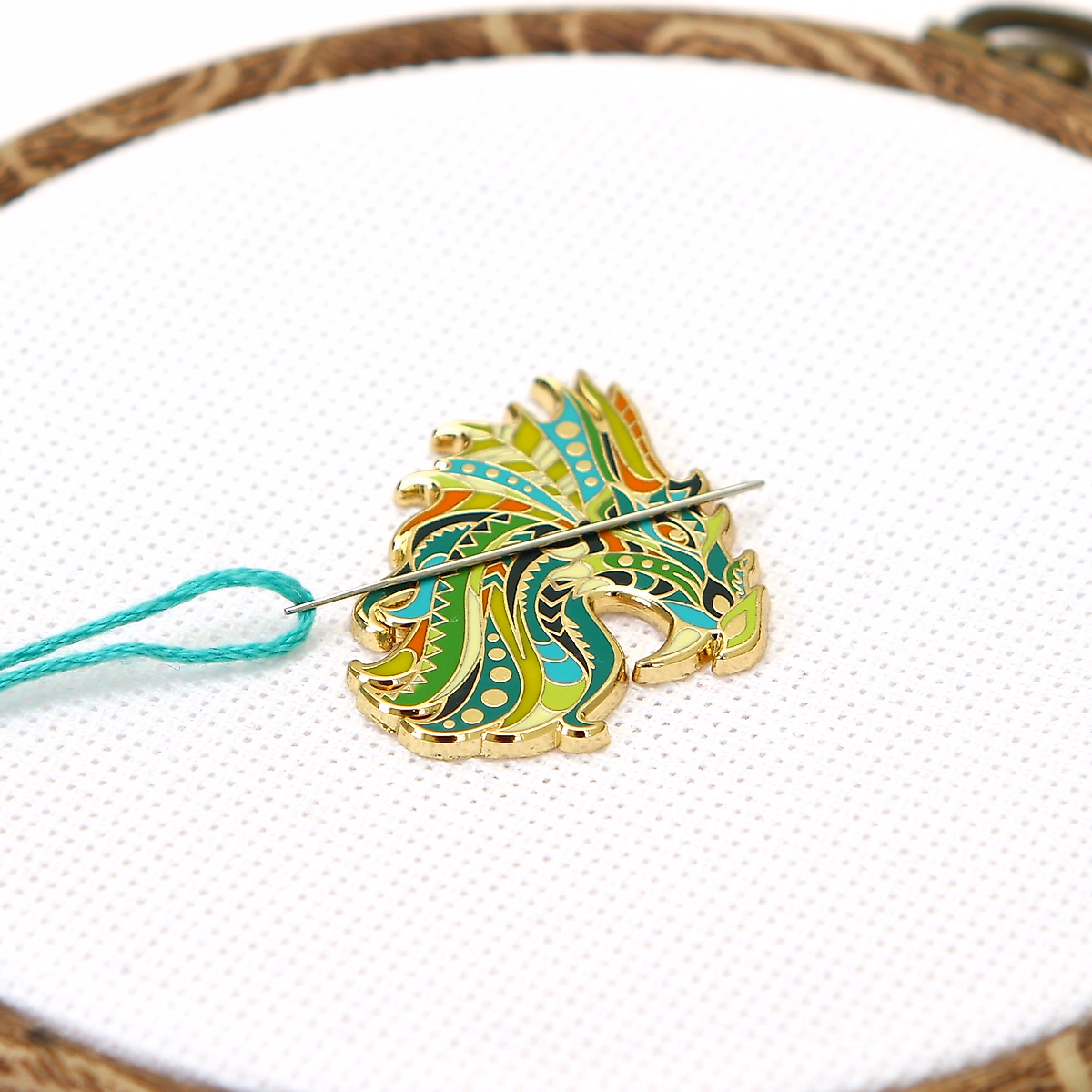 Awesome Pattern Studio Needle Minder Set - Mandala Dragon Magnetic Needle Minder + 2 Needle Threaders + Crane Scissors. Enamel Pin for Cross Stitch, Embroidery and Craft