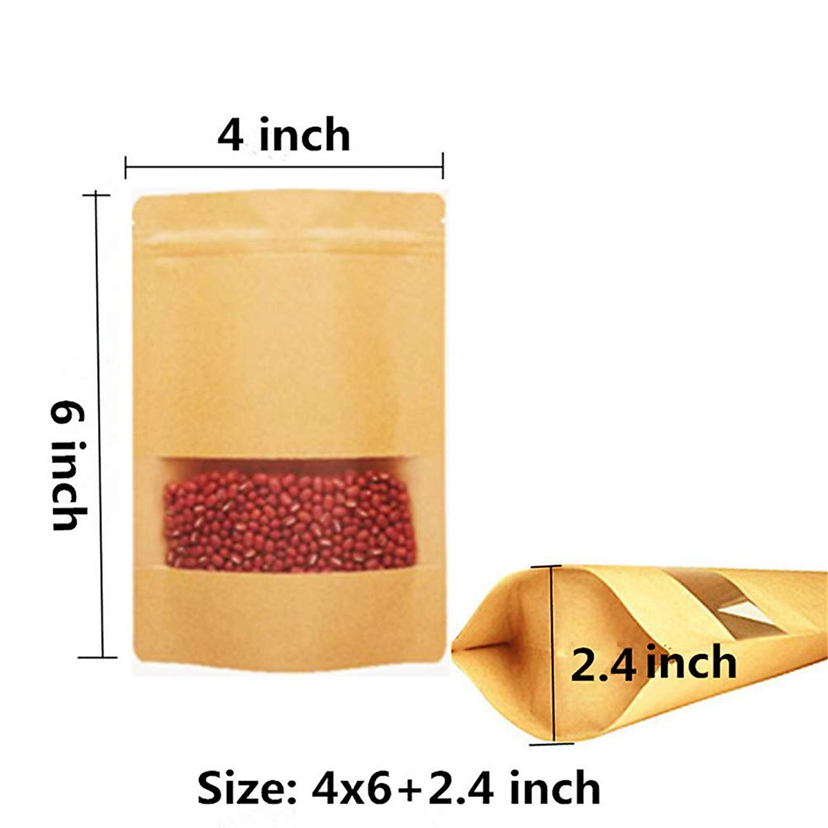 Kraft Paper Bags With Matt Window And Zip Lock Decorative Brown Heavy Duty Heat Seal Recycled Resealable Mylar Stand Up Pouches Bags Sealable For DIY Food Snack Cookies Candy Coffee (4x6+2.4inch)